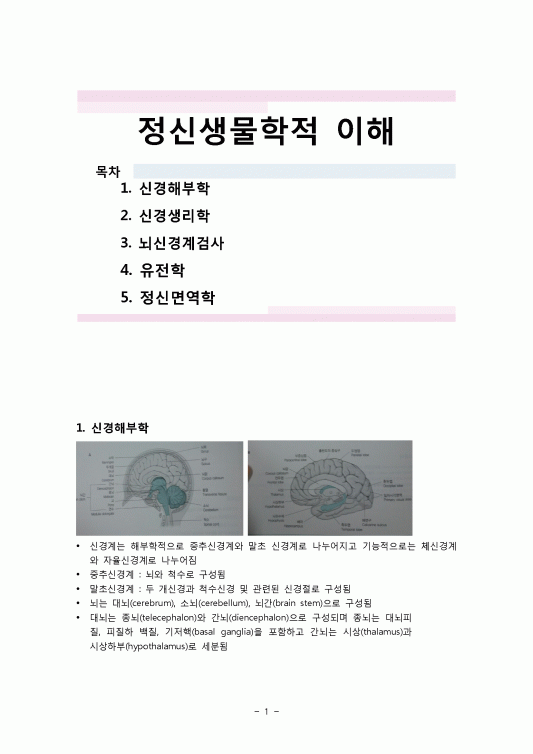 정신생물학적 이해 (1. 신경해부학 2. 신경생리학 3. 뇌신경계검사 4. 유전학 5. 정신면역학)