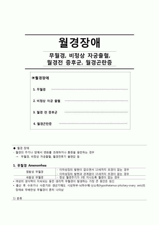 월경장애 (무월경, 비정상 자궁출혈, 월경전 증후군, 월경곤란증)