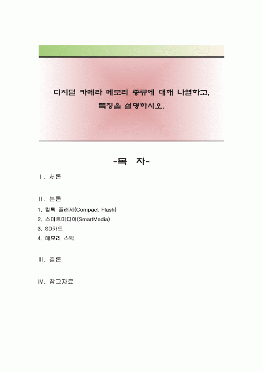 디지털 카메라 메모리 종류에 대해 나열하고, 특징을 설명하시오