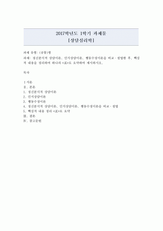 상담심리학 공통) 정신분석적 상담이론, 인지상담이론, 행동수정이론을 비교·설명한 후, 핵심적 내용을 정리하여 하나의 <표>로 요약하여 제시하시오.