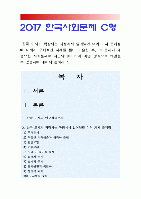 (2017년 한국사회문제C형) 한국도시가 확장되는 과정에서 일어났던 여러가지 문제점에 대해서 구체적인 사례를들어 기술한후 이문제가 왜 중요한 사회문제로 취급되어야하며 어떤 방식으로 해결-한국도시 확정과정