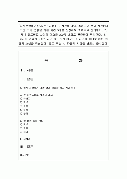 (서사문학의이해와창작 공통) 1. 자신의 삶을 돌아보고 현재 자신에게 가장 크게 영향을 끼친 사건 5개를 선정하여 키워드로 정리한다. 2. 각 키워드별로 사건의 개요를