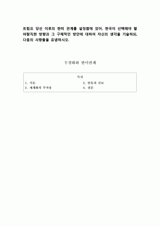세계의역사_트럼프 당선 이후의 한미 관계를 설정함에 있어, 한국이 선택해야 할 바람직한 방향과 그 구체적인 방안에 대하여 자신의 생각을 기술하되, 다음의 사항들을 유념하시오.