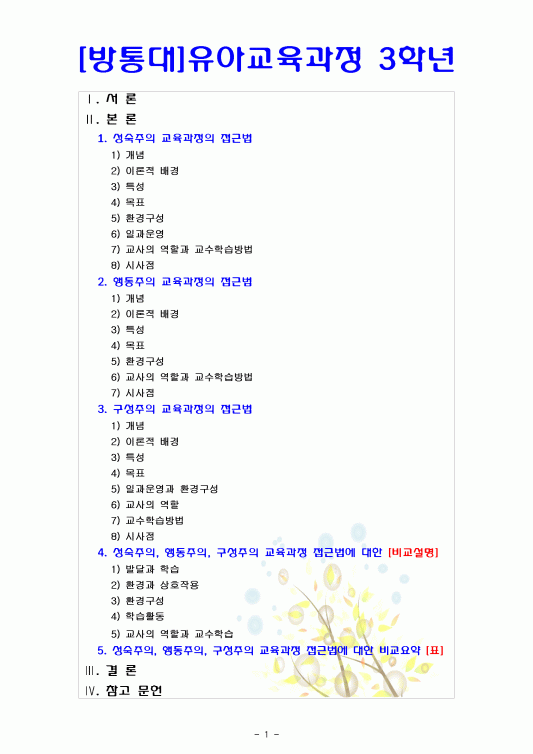 [방통대] 유아교육과정의 접근법 중 성숙주의, 행동주의, 구성주의 접근법을 개념, 특성, 목표, 환경구성, 일과운영, 교수학습방법, 교사의 역할에 따라 비교하여 설명하시오