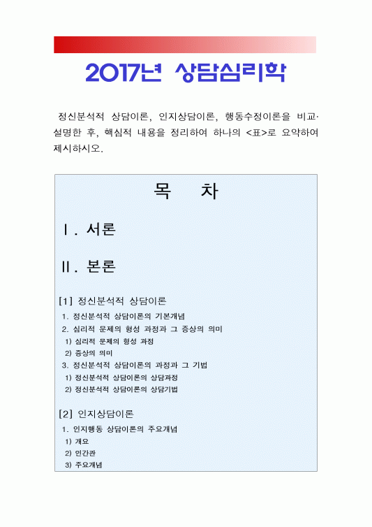 (2017년 상담심리학) 정신분석적 상담이론, 인지상담이론, 행동수정이론을 비교 설명한 후 핵심적 내용을 정리하여 하나의 표로 요약하여 제시하시오 -정신분석적상담이론 인지상담이론 행동수정이론 비교 설명 표