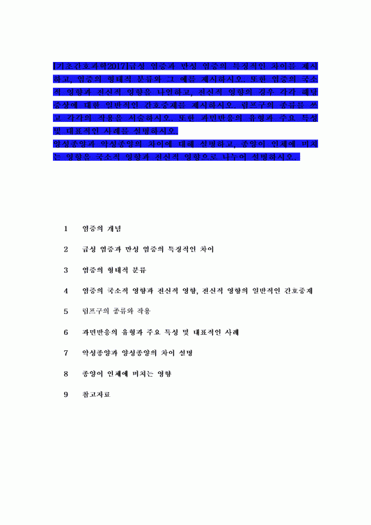[기초간호과학2017]급성 염증과 만성 염증의 특징적인 차이를 제시하고, 염증의 형태적 분류와 그 예를 제시. 또한 염증의 국소적 영향과 전신적 영향을 나열하고, 전신적 영향