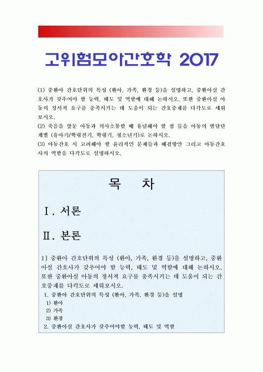 고위험모아간호학]중환아 간호단위의 특성(환아, 가족, 환경 등)을 설명하고, 중환아실 간호사가 갖추어야할 능력, 태도 및 역할, 죽음을 앞둔 아동과 의사소통 고위험모아간호학, 아동간호 윤리 : 고위험모아간호학