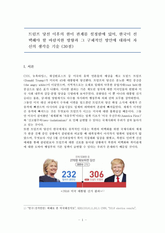 트럼프 당선 이후의 한미 관계를 설정함에 있어, 한국이 선택해야 할 바람직한 방향과 그 구체적인 방안 (1)