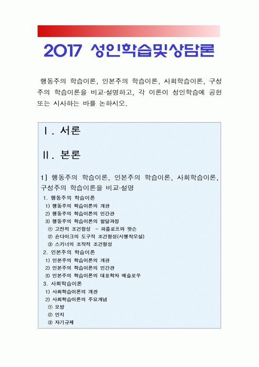 [성인학습및상담론] 행동주의 학습이론, 인본주의 학습이론, 사회학습이론, 구성주의 학습이론 비교·설명 각 이론이 성인학습 공헌 또는 시사, 행동주의학습이론 인본주의학습이론 사회학습이론 구성주의학습이론