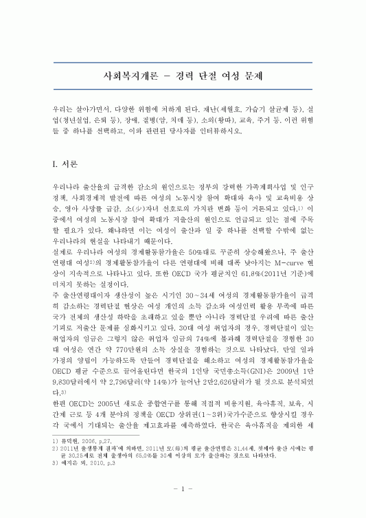[사회복지개론] 경력 단절 여성 문제 (재난, 실업, 장애, 질병, 소외, 교육, 주거 등. 이런 위험들 중 하나를 선택, 이와 관련된 당사자 인터뷰)