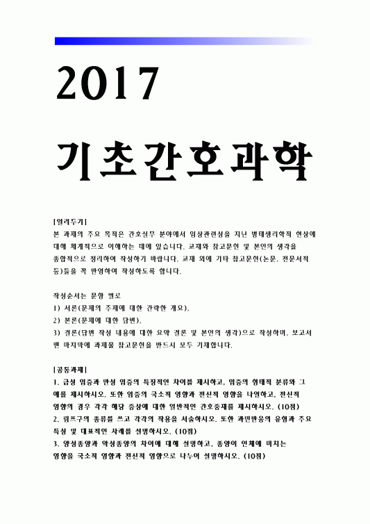 급성 염증과 만성 염증의 특징적인 차이를 제시하고, 염증의 형태적 분류와 그 예를 제시. 기초간호과학 2017년 염증의 국소적 영향과 전신적 영향을 나열하고 - 기초간호과학 3공통
