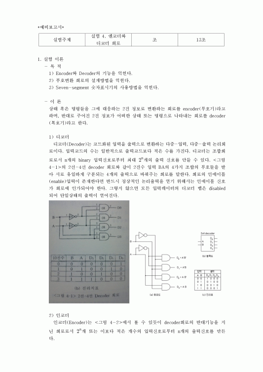 디지털실험 - 실험 4. 엔코더와 디코더 회로 예비