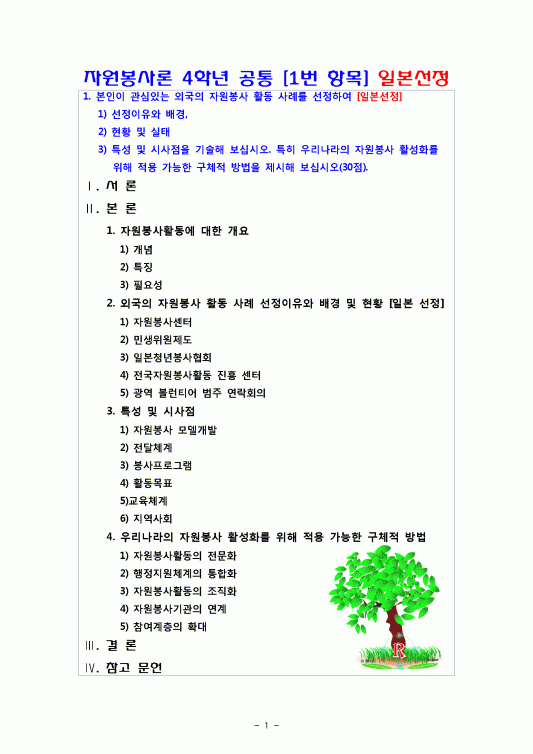 [방통대 자원봉사론 1번] 본인이 관심있는 외국의 자원봉사 활동 사례를 선정하여 [일본선정] 1) 선정이유와 배경, 2) 현황 및 실태 3) 특성 및 시사점을 기술 [일본선정]