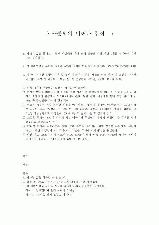 서사문학의 이해와 창작, 자신의 삶을 돌아보고 현재 자신에게 가장 크게 영향을 끼친 사건 5개를 선정하여
