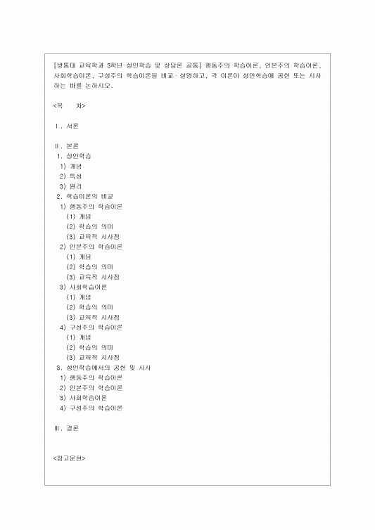 [교육학과] [성인학습 및 상담론 공통] 행동주의 학습이론, 인본주의 학습이론, 사회학습이론, 구성주의 학습이론을 비교·설명하고, 각 이론이 성인학습에 공헌 또는 시사하는 바를 논하시오.