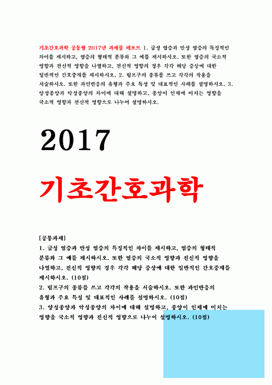 <기초간호과학 공통형 2017년>급성 염증과 만성 염증의 특징적인 차이를 제시, 염증의 형태적 분류와 그 예를 제시. 또한 염증의 국소적 영향과 전신적 영향을 나열- 기초간호과학