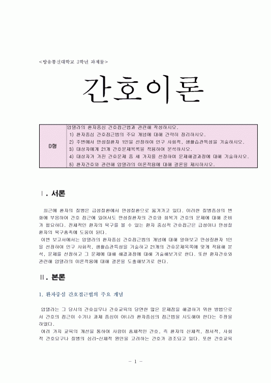 방송통신대학교 3학년 과제물 간호이론