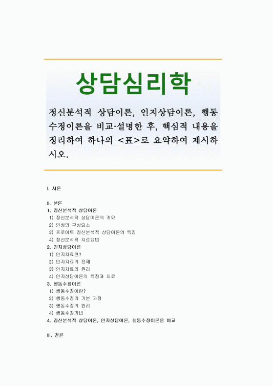[상담심리학] 정신분석적 상담이론,  인지상담이론,  행동수정이론을 비교·설명한 후,  핵심적 내용을 정리하여 하나의 <표>로 요약하여 제시. - 상담심리학