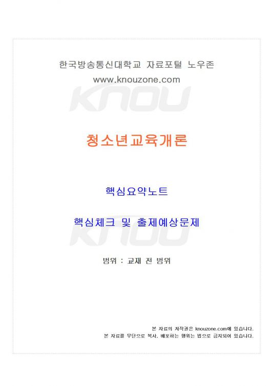 2017년 1학기 청소년교육개론 교재전범위 핵심요약노트