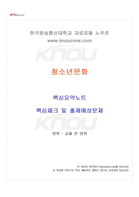 2017년 1학기 청소년문화 교재전범위 핵심요약노트