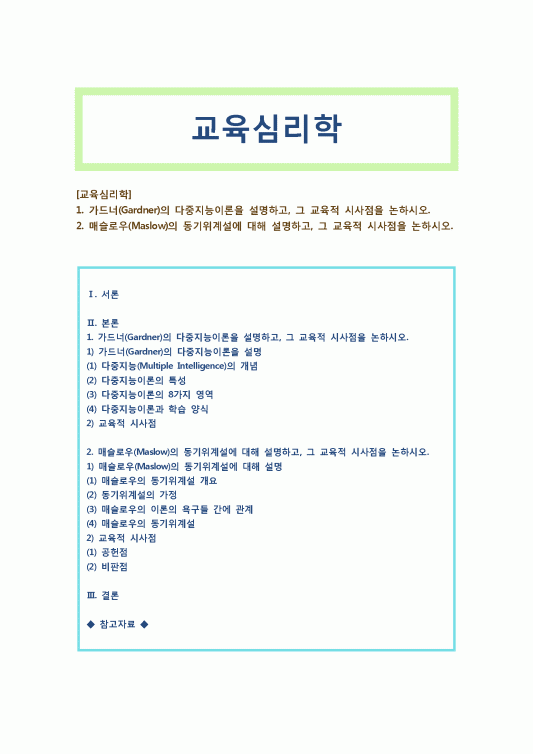 [교육심리학] 1. 가드너(Gardner)의 다중지능이론을 설명, 교육적 시사점 2. 매슬로우(Maslow)의 동기위계설에 설명, 교육적 시사점