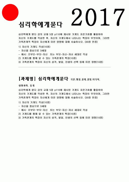 2017 심리학에게묻다-자신의 가계도 작성 2)가계도를 통해 알 수 있는 가족관계의 특징 3)가족관계의 특징이 자신의 성격,발달,인생의 선택 등에 미친 영향 심리학에게묻다 중간과제