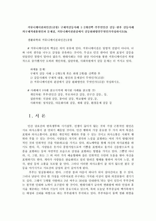 커뮤니케이션과인간1공통) 구체적갈등사례 1-2개선택-부부연인간 갈등-한후 갈등사례의구체적내용원인과 문제점, 커뮤니케이션관점에서 갈등완화방안무엇인가작성0k