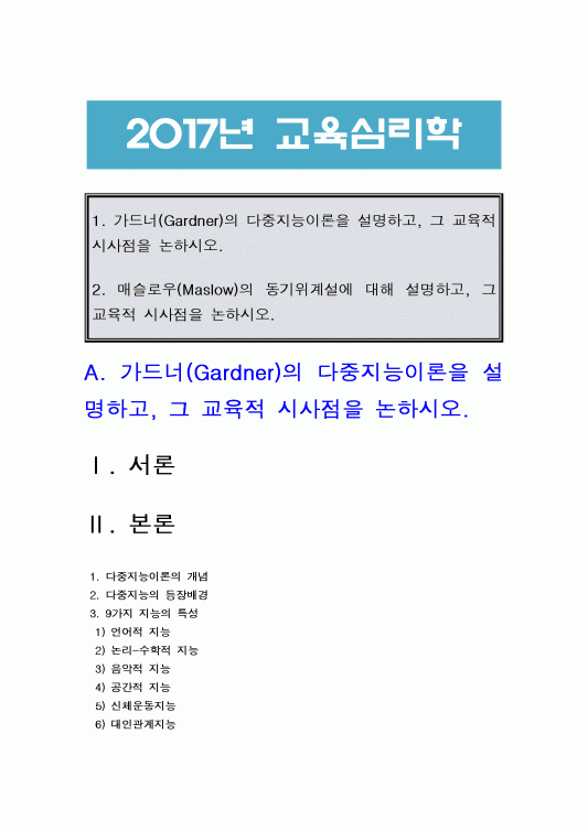 2017년 교육심리학) 1. 가드너의 다중지능이론을 설명+가드너다중지능이론 교육적시사점, 가드너다중지능이론설명, 가드너다중지능이론 2. 매슬로우의 동기위계설 설명, 교육적시사점