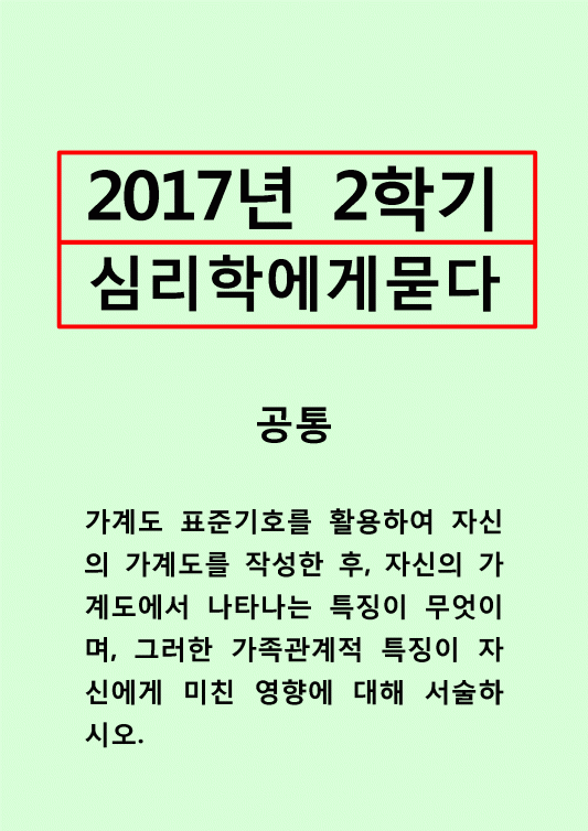 심리학에게묻다=가계도 표준기호를 활용하여 자신의 가계도를 작성한 후, 자신의 가계도에서 나타나는 특징이 무엇이며, 그러한 가족관계적 특징이 자신에게 미친 영향에 대해 서술하시오.