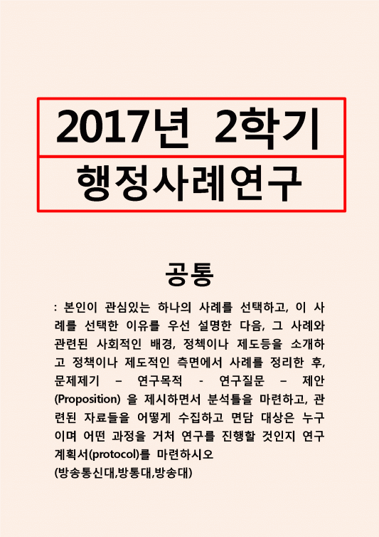 행정사례연구=본인이 관심있는 하나의 사례를 선택하고, 이 사례를 선택한 이유를 우선 설명한 다음, 그 사례와 관련된 사회적인 배경, 정책이나 제도등을 소개하고 정책이나 제도적인 측면에서 사례를 정리한 후,
