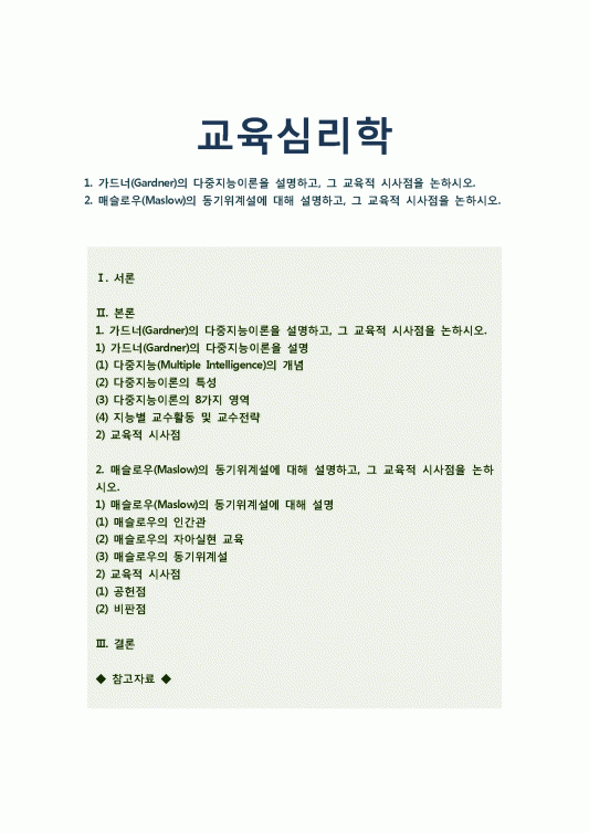 [교육심리학] 1. 가드너(Gardner)의 다중지능이론을 설명하고, 교육적 시사점 2. 매슬로우(Maslow)의 동기위계설에 대해 설명하고, 교육적 시사점 (가드너 매슬로우)