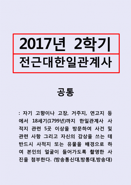 전근대한일관계사=자기 고향이나 고장, 거주지, 연고지 등에서 18세기(1799년)까지 한일관계사 사적지 관련 5곳 이상을 방문하여 사건 및 관련 사항 그리고 자신의 감상을 쓰는 데 반드시 사적지 또는 유물을 배경으