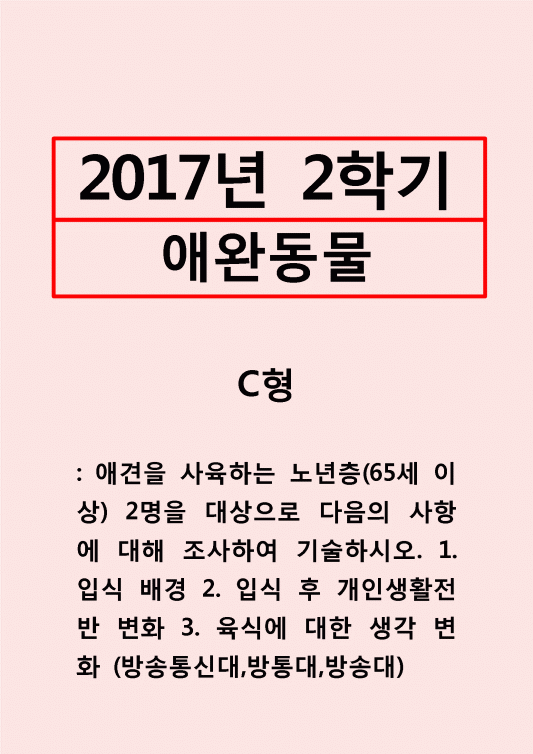 애완동물=애견을 사육하는 노년층(65세 이상) 2명을 대상으로 다음의 사항에 대해 조사하여 기술하시오. 1. 입식 배경 2. 입식 후 개인생활전반 변화 3. 육식에 대한 생각 변화