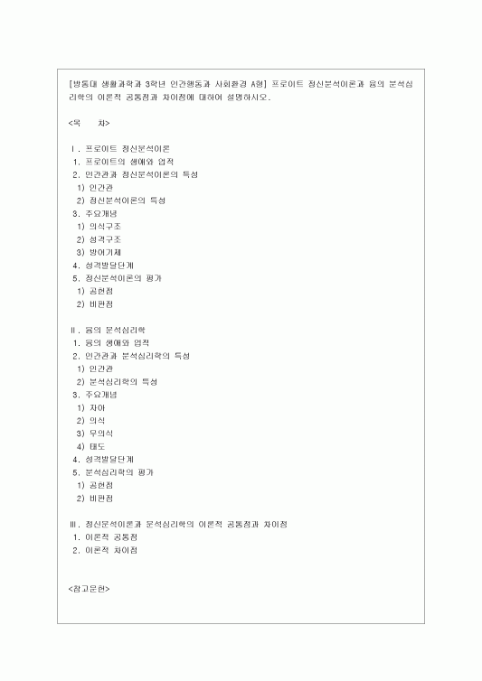 [인간행동과 사회환경 A형] 프로이트 정신분석이론과 융의 분석심리학의 이론적 공통점과 차이점에 대하여 설명.