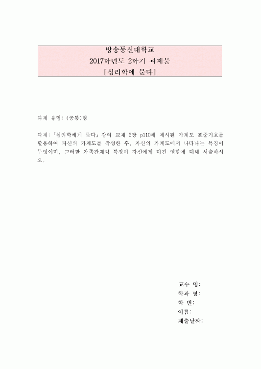 심리학에게묻다 공통) 『심리학에게 묻다』강의 교재 5장 p110에 제시된 가계도 표준기호를 활용하여 자신의 가계도를 작성한 후, 자신의 가계도에서 나타나는 특징이 무엇이며, 그러한