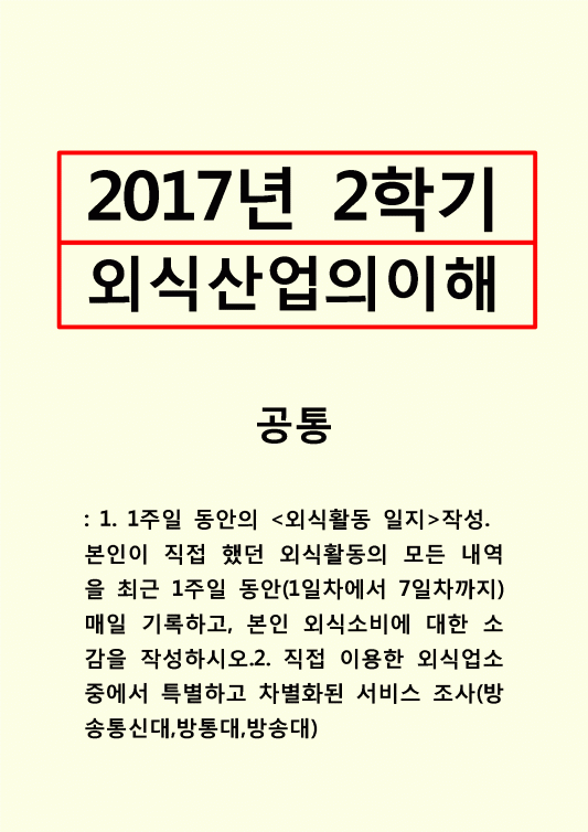 외식산업의이해=1. 1주일 동안의 외식활동 일지작성.본인이 직접 했던 외식활동의 모든 내역을 최근 1주일 동안(1일차에서 7일차까지) 매일 기록하고, 본인 외식소비에 대한 소감을 작성하시오.2. 직접 이용한 외식