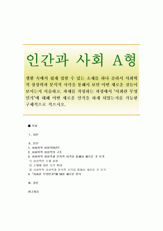 [인간과 사회 A형] 생활 속에서 쉽게 접할 수 있는 소재를 하나 골라서 사회학적 상상력과 분석적 시각을 통해 보고,  
