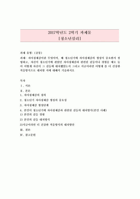 청소년심리 공통) 자아정체감이란 무엇이며, 왜 청소년기에 자아정체감의 형성이 중요한지 설명하고, 자신이 청소년기에 겪었던 자아정체감과 관련된 갈등이나 경험을 예로 들어 어떻게 자신이 그 갈등에 대처했었는