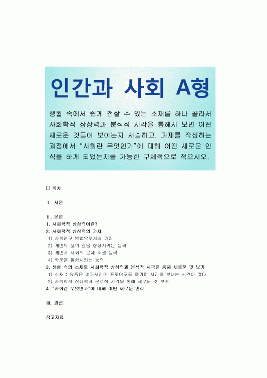 [인간과 사회 A형] 생활 속에서 쉽게 접할 수 있는 소재를 하나 골라서 사회학적 상상력과 분석적 시각을 통해서 본 후, 사회란 무엇인가 분석 하기