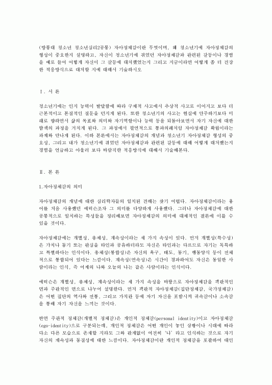 (방통대 청소년 청소년심리2공통) 자아정체감이란 무엇이며, 왜 청소년기에 자아정체감의 형성이 중요한지 설명하고, 자신이 청소년기에 겪었던 자아정체감과 관련된 갈등이나 경험을 예로