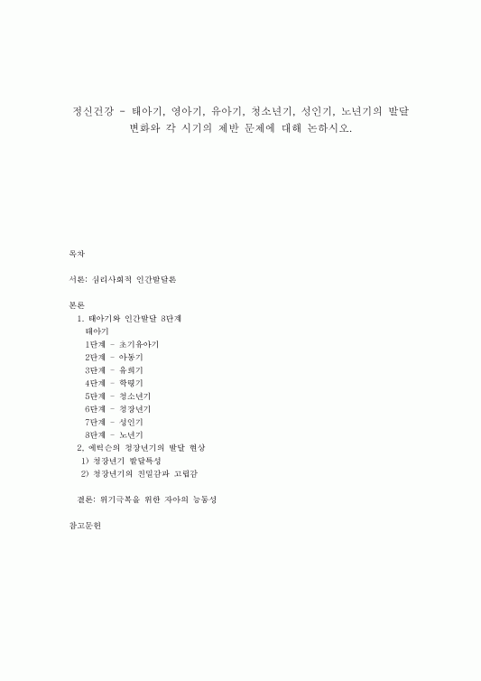 정신건강 - 태아기, 영아기, 유아기, 청소년기, 성인기, 노년기의 발달 변화와 각 시기의 제반 문제에 대해 논하시오.