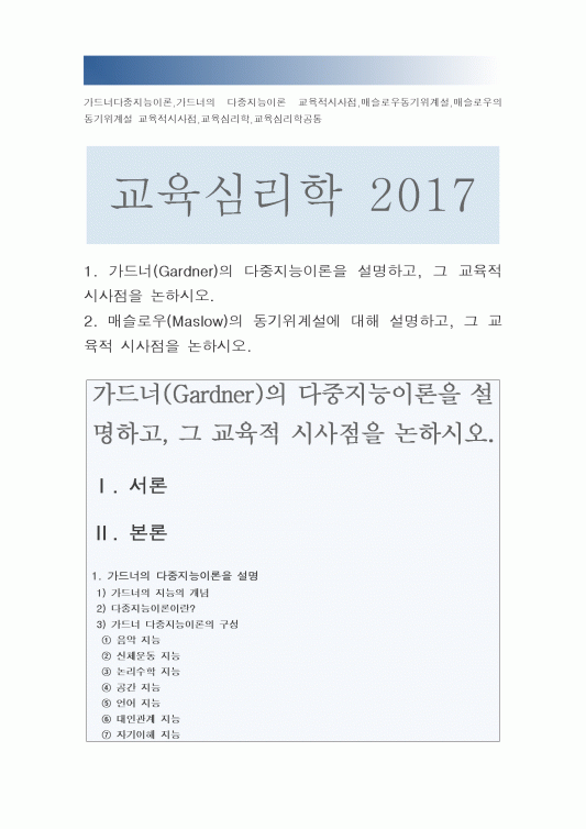교육심리학 1.가드너의 다중지능이론 설명+교육적시사점, 가드너다중지능이론, 교육심리학 2.매슬로우의 동기위계설 설명+교육적시사점, 방송대교육심리학