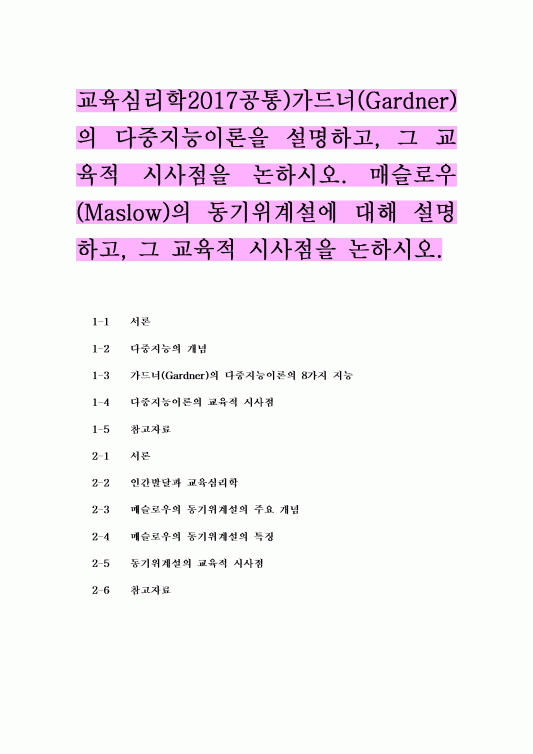 교육심리학2017공통)가드너(Gardner)의 다중지능이론을 설명하고, 그 교육적 시사점을 논하시오. 매슬로우(Maslow)의 동기위계설에 대해 설명하고, 그 교육적 시사점을 논하