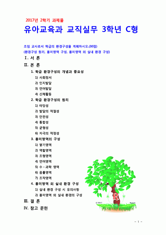 [2017 교직실무] 초임 교사로서 학급의 환경구성을 계획하시오.(환경구성 원리, 흥미영역 구성, 흥미영역 외 실내 환경 구성) [본문출처 표기 완료, 인용표기, 각주표기]