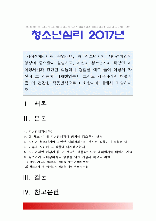청소년심리] 자아정체감이란 무엇이며 왜 청소년기에 자아정체감의 형성이 중요한지설명, 자신이 청소년기에 겪었던 자아정체감과 관련된 갈등이나 경험을 예로들어 어떻게 갈등에 대처했었는지