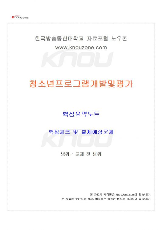 2017년 2학기 청소년프로그램개발및평가 교재 전 범위 핵심요약노트