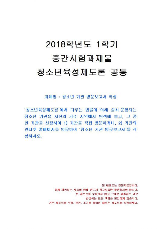 2018년 1학기 청소년육성제도론 중간시험과제물 공통(청소년 기관 방문보고서 작성)