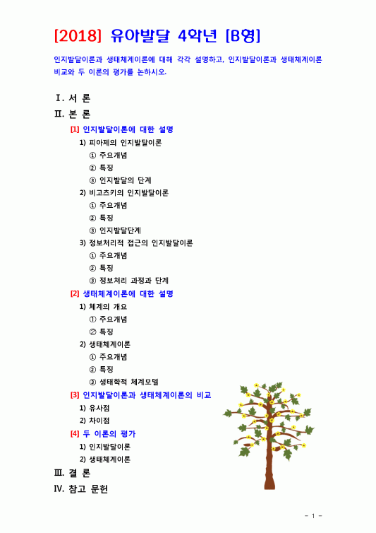 [2018 유아발달B] 인지발달이론과 생태체계이론에 대해 각각 설명하고 인지발달이론과 생태체계이론 비교와 두 이론의 평가를 논하시오