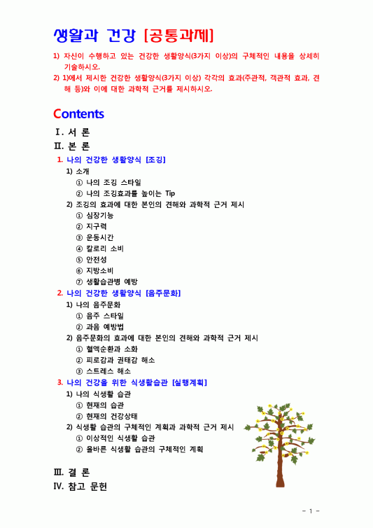 [2018 생활과건강 공통] 1) 자신이 수행하고 있는 건강한 생활양식(3가지 이상)의 구체적인 내용 2) 1)에서 제시한 건강한 생활양식(3가지 이상) 각각의 효과[인용표기]