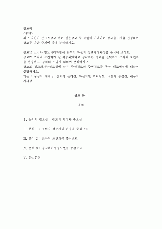 광고학)최근 자신이 본 TV광고 혹은 신문광고 중 특별히 기억나는 광고를 3개를 선정하여 광고를 다음 주제에 맞게 분석하시오